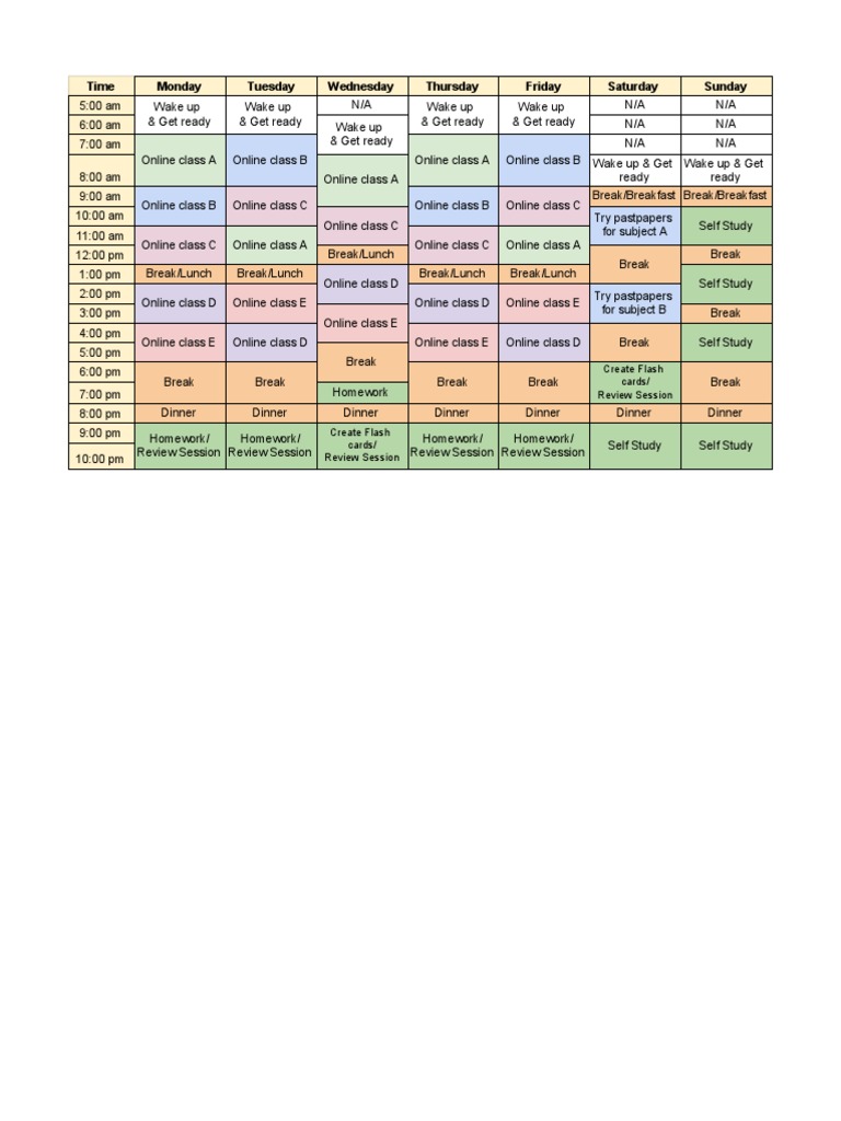 Time Monday Tuesday Wednesday Thursday Friday Saturday Sunday | PDF