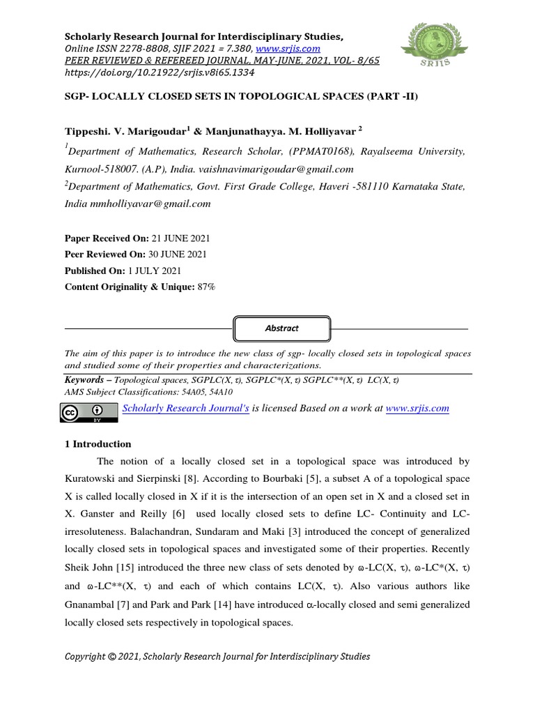SGP - Locally Closed Sets in Topological Spaces (Part - Ii) | PDF ...