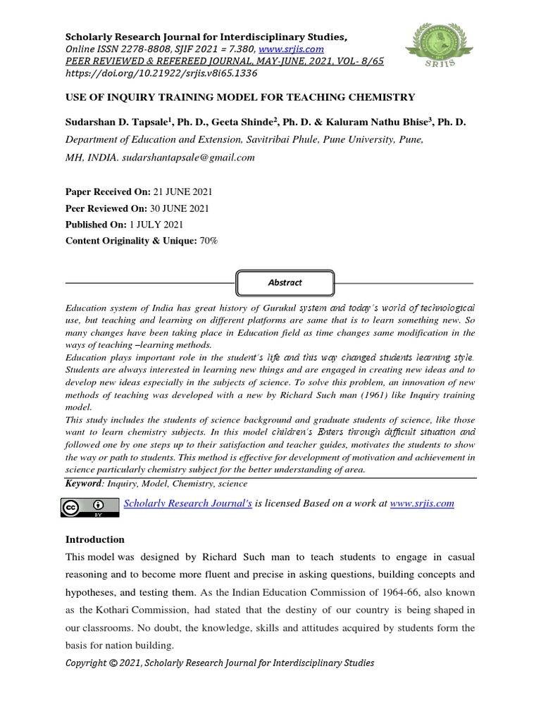 Use of Inquiry Training Model For Teaching Chemistry | PDF | Inquiry ...