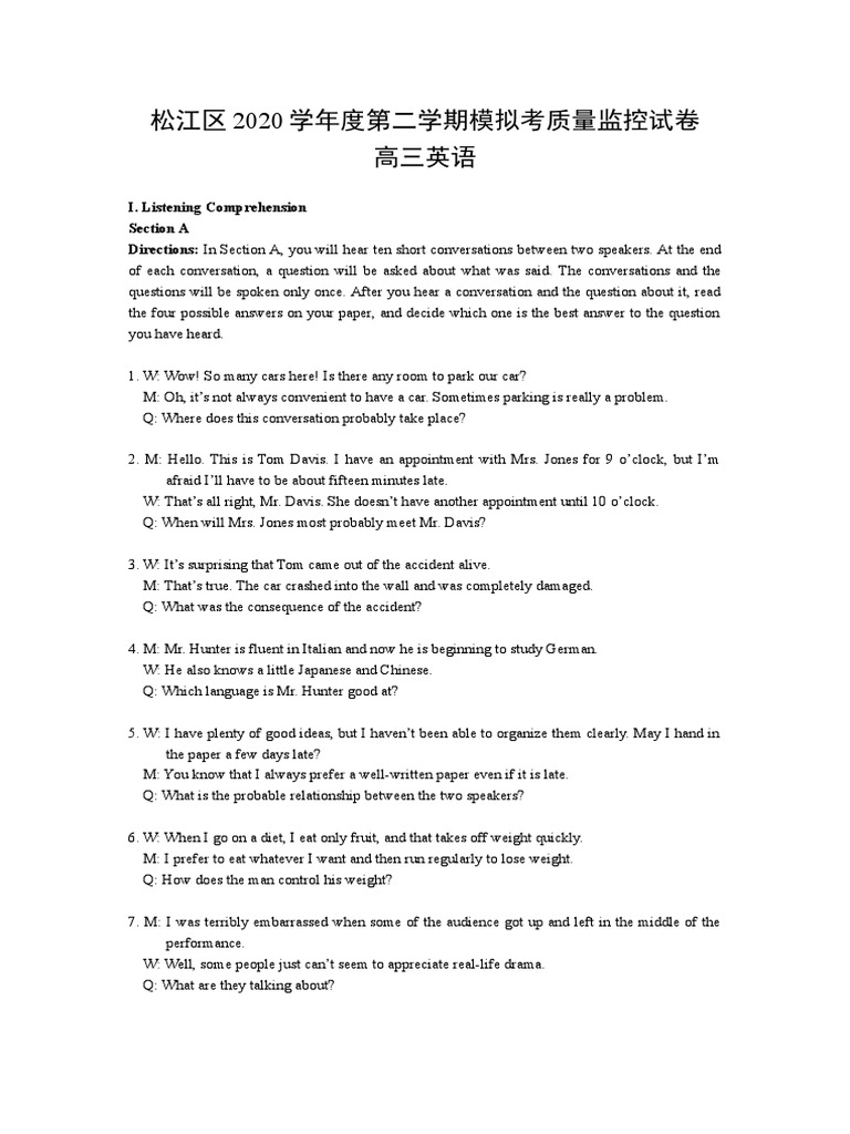 I. Listening Comprehension Section A Directions: in Section A, You Will ...