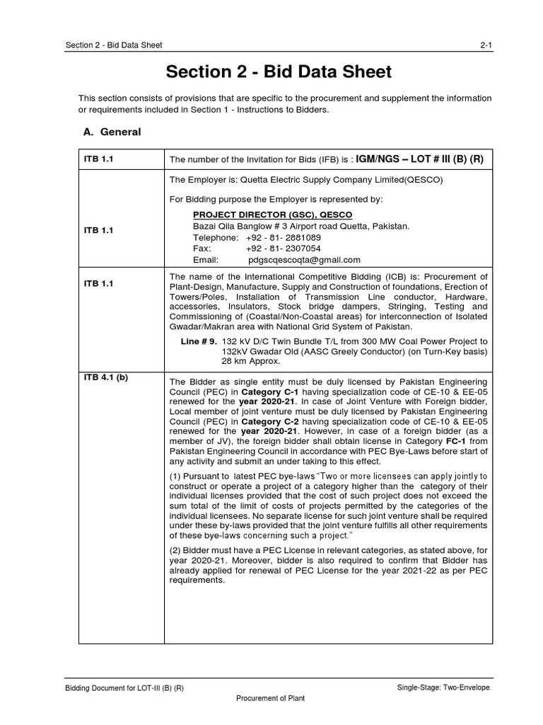 Section 2 - Bid Data Sheet: A. General | PDF | Prices | By Law