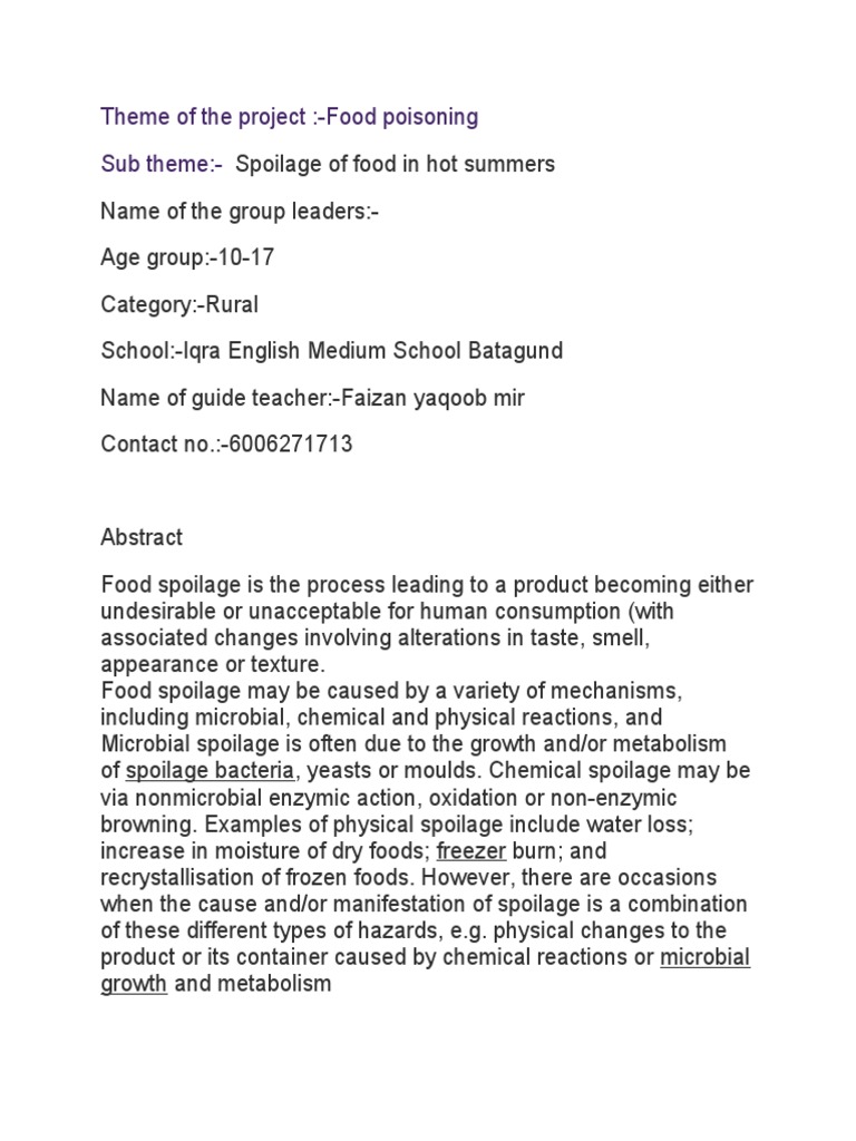 Theme of The Project:-Food Poisoning Sub Theme | PDF