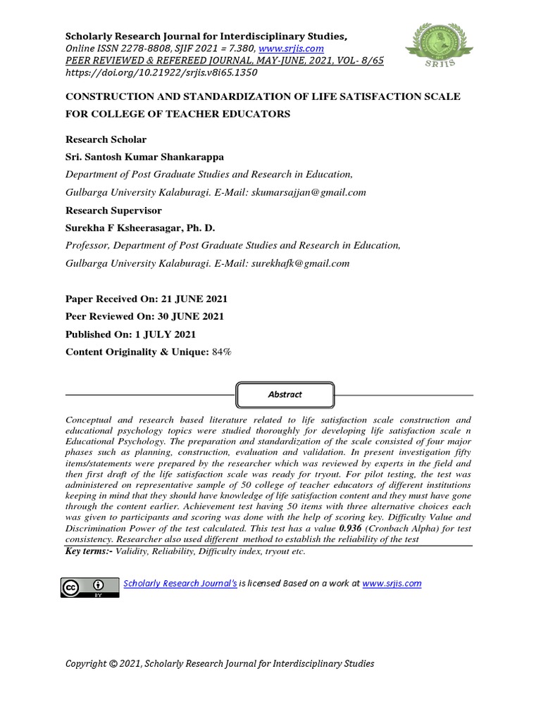 Construction and Standardization of Life Satisfaction Scale For College ...