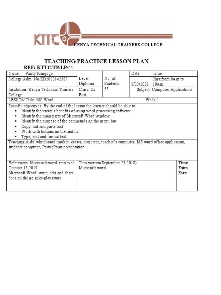 Teaching Practice Lesson Plan: Ref: KTTC/TP/LP | PDF | Microsoft Word ...