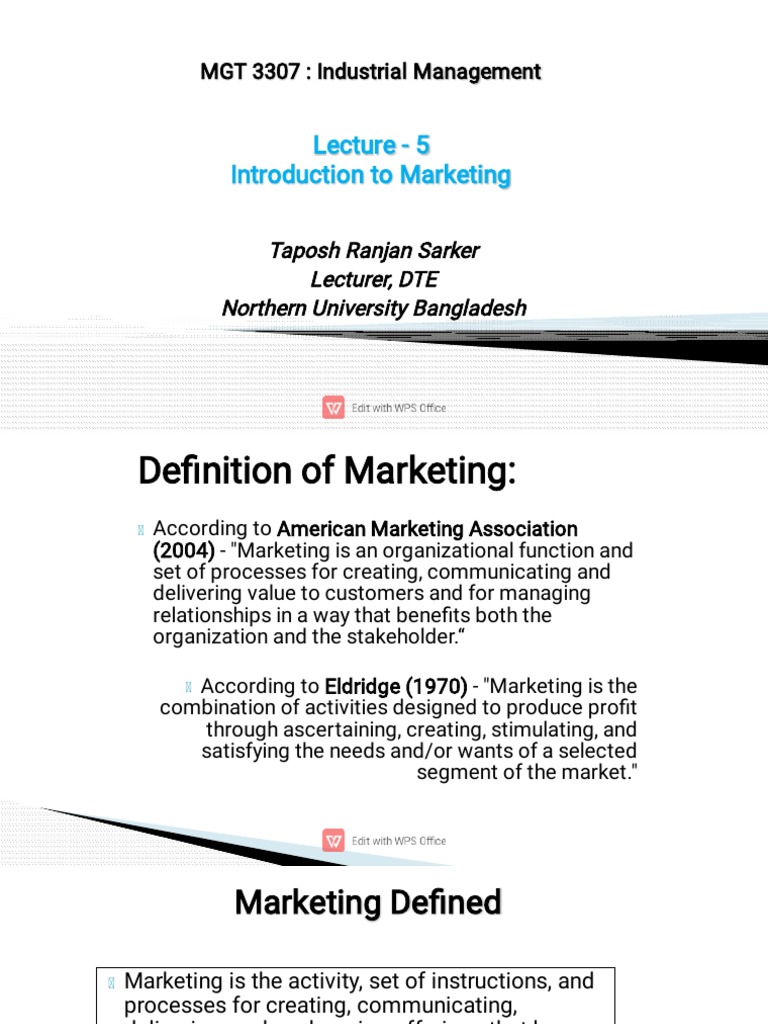 Lecture - 5 Introduction To Marketing: MGT 3307: Industrial Management | Descargar gratis PDF ...