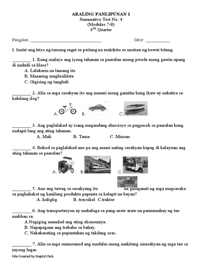 Araling Panlipunan 1: Pangalan: - Iskor | PDF