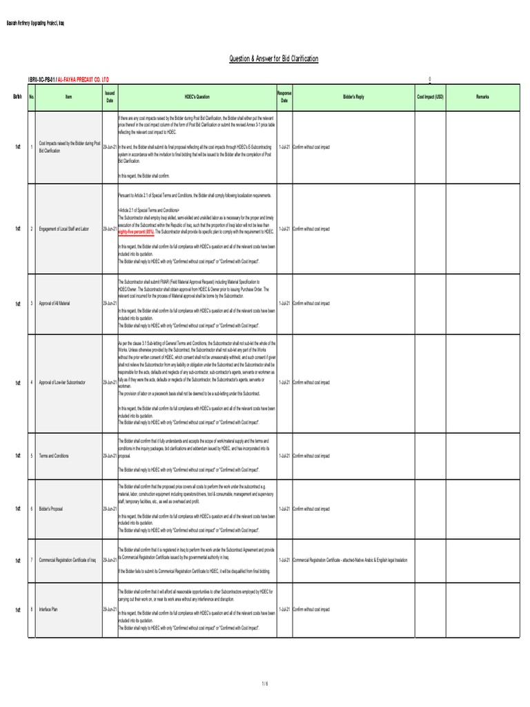 Basrah Refinery Bid Clarifications | PDF | Taxes | Federal Insurance ...