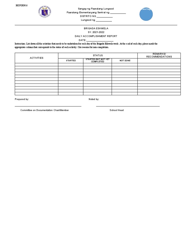 BS Form 6 Daily Accomplishment Report | PDF
