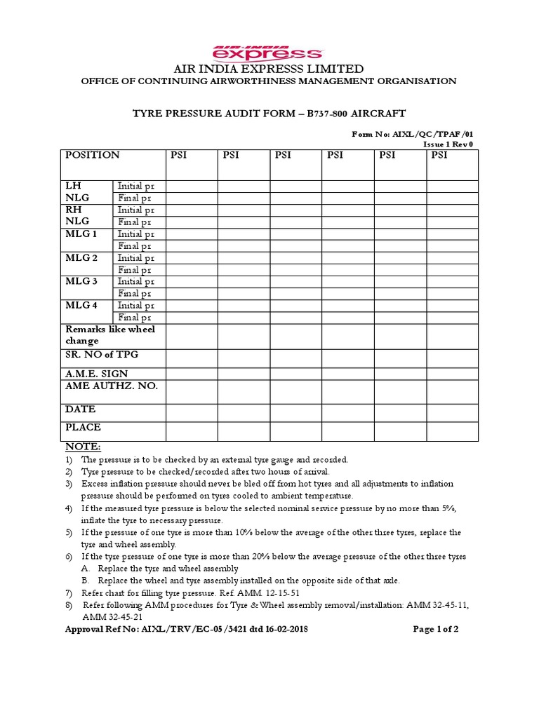 #10 TYRE PRESSURE AUDIT fORM | PDF | Pressure | Tire
