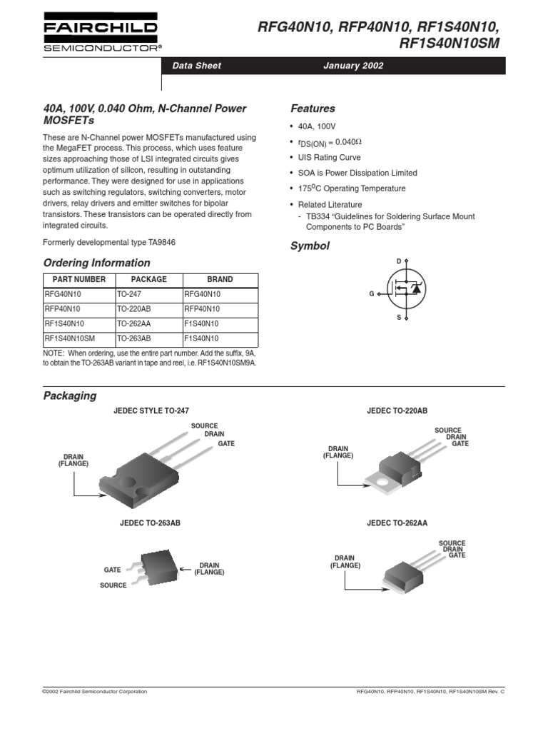 RFG40N10, RFP40N10, RF1S40N10, RF1S40N10SM: 40A, 100V, 0.040 Ohm, N ...