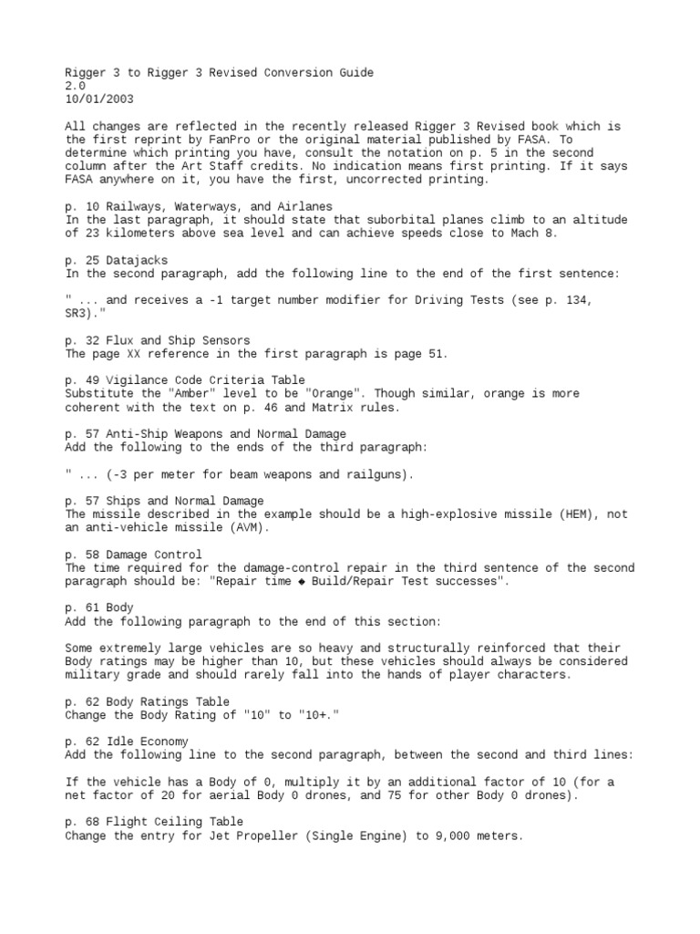 Rigger 3 Revised Conversion Guide: A Comprehensive List of Corrections ...