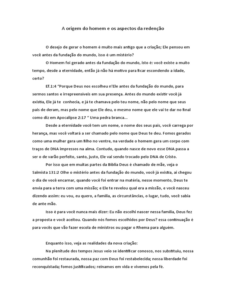 A Origem Do Homem e Os Aspectos Da Redenção | PDF | Deus | Jesus