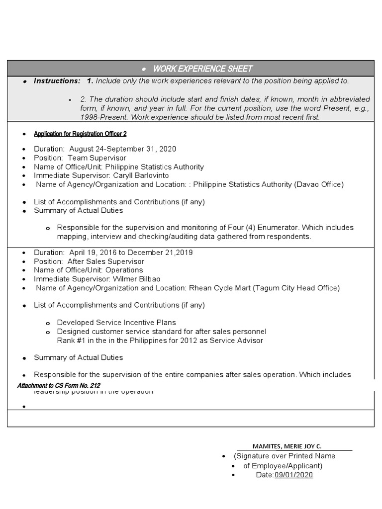 Work Experience Sheet for Application | PDF | Finance & Money Management