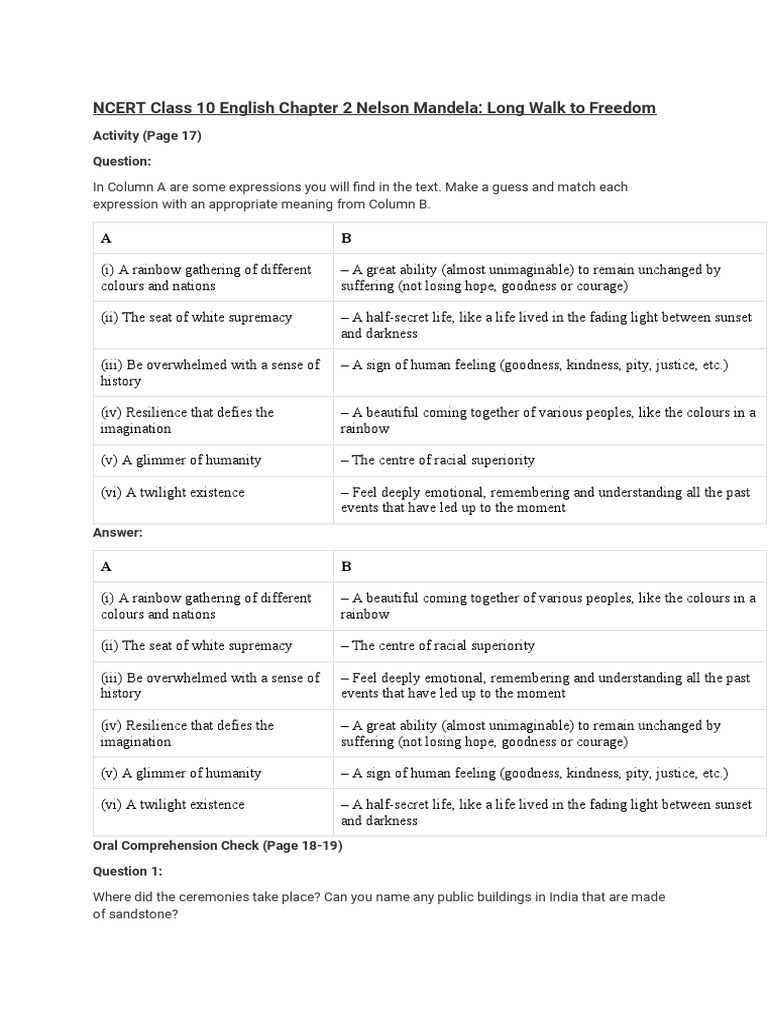 NCERT Class 10 English Chapter 2 Nelson Mandela | PDF | Nelson Mandela ...