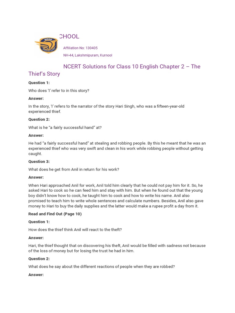Ridge School: NCERT Solutions For Class 10 English Chapter 2 - The Thief's Story | PDF | Theft