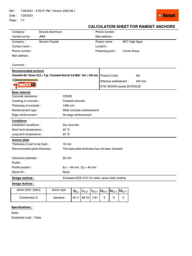 Calculation Sheet For Ramset Anchors | PDF | Strength Of Materials ...