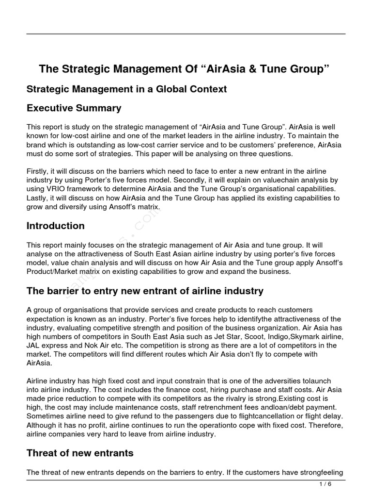 Strategic Management of AirAsia & Tune Group | PDF | Airlines | Low ...