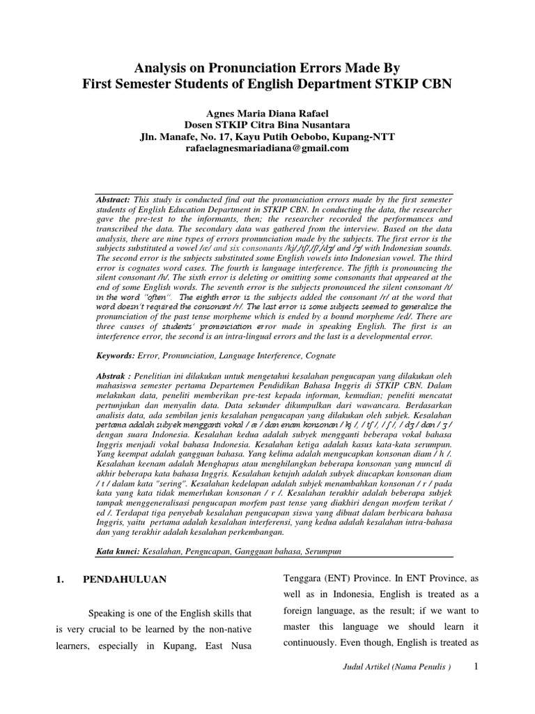 Analysis On Pronunciation Errors Made by First Semester Students of ...