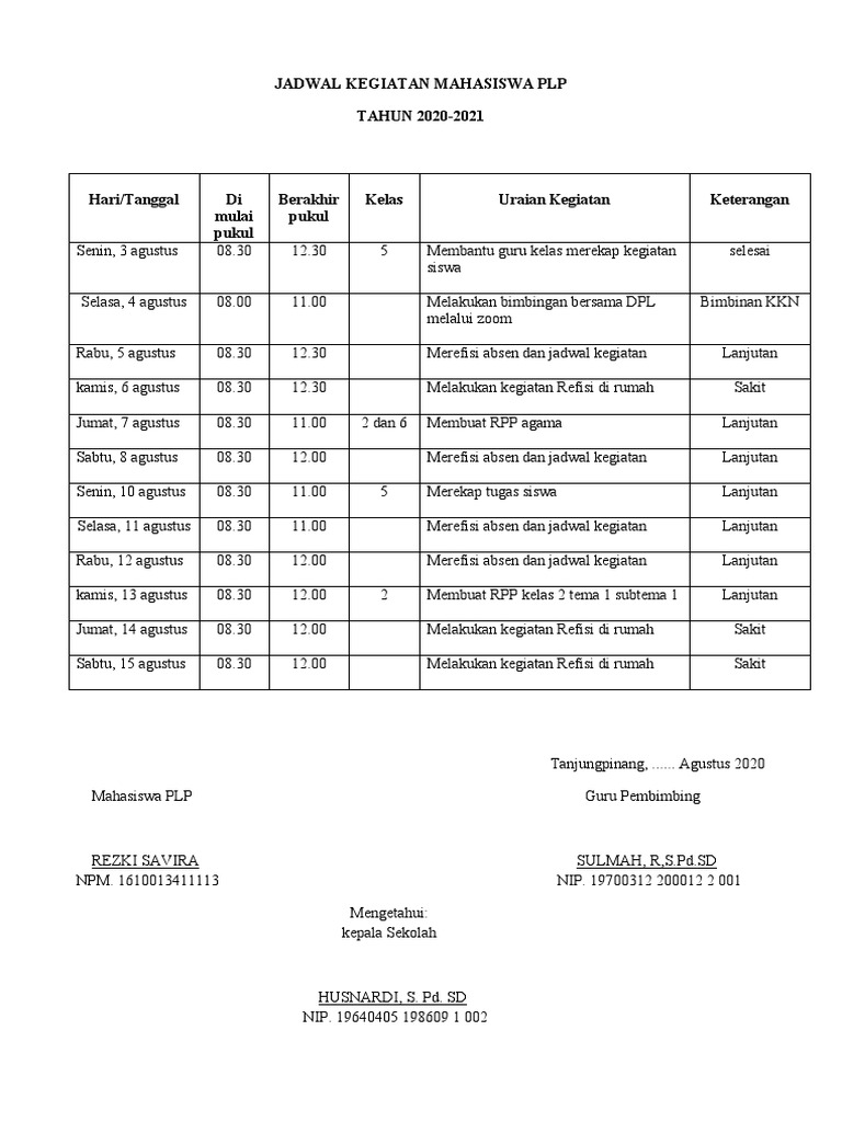 Jadwal Kegiatan Mahasiswa PLP | PDF