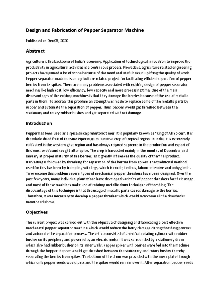 Pepper Separator Machine Design | PDF | Black Pepper | Electric Motor
