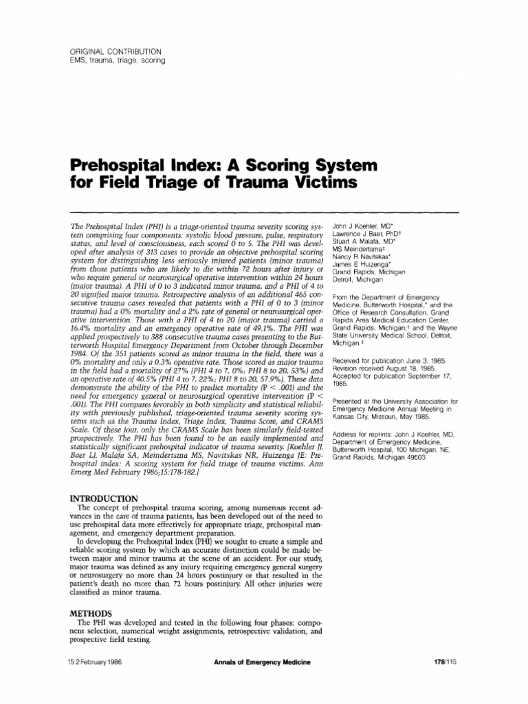 Prehospital Index: A Scoring System For Field Triage of Trauma Victims ...