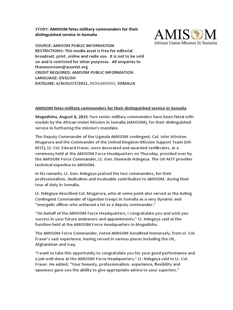 AMISOM Honors Military Commanders | PDF | African Union Mission To ...