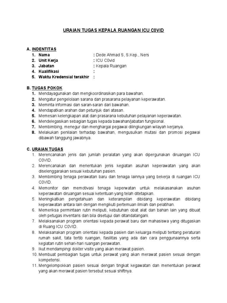 Uraian Tugas Kepala Ruangan Icu C0vid | PDF | Karier & Perkembangan
