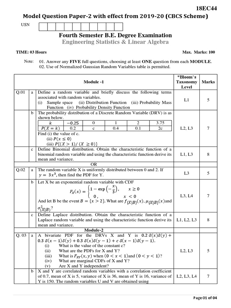 Engineering Statistics & Linear Algebra: 18EC44 Model Question Paper-2 ...