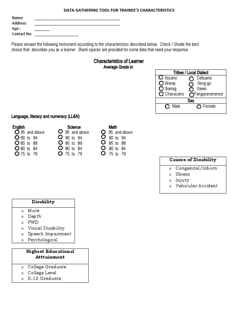 Characteristics of Learner: Data Gathering Tool For Trainee'S ...
