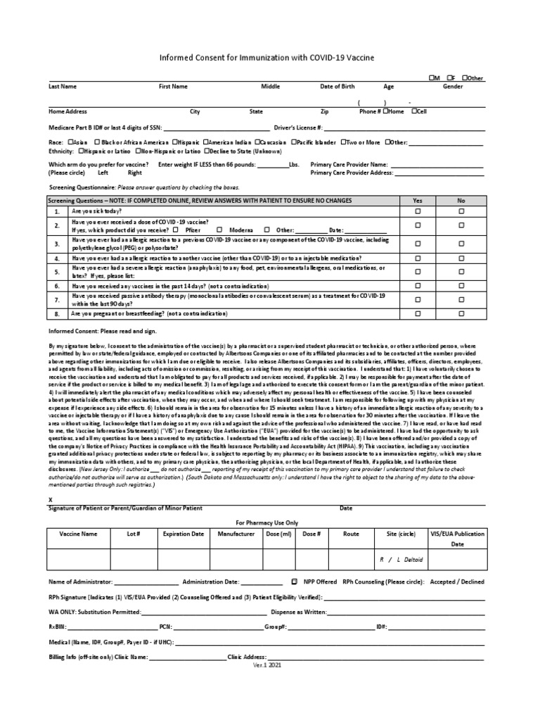 Informed Consent For Immunization With COVID-19 Vaccine | PDF ...