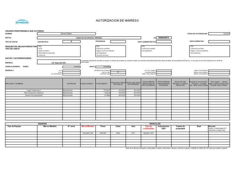 Autorización de Ingreso para Contratistas | PDF