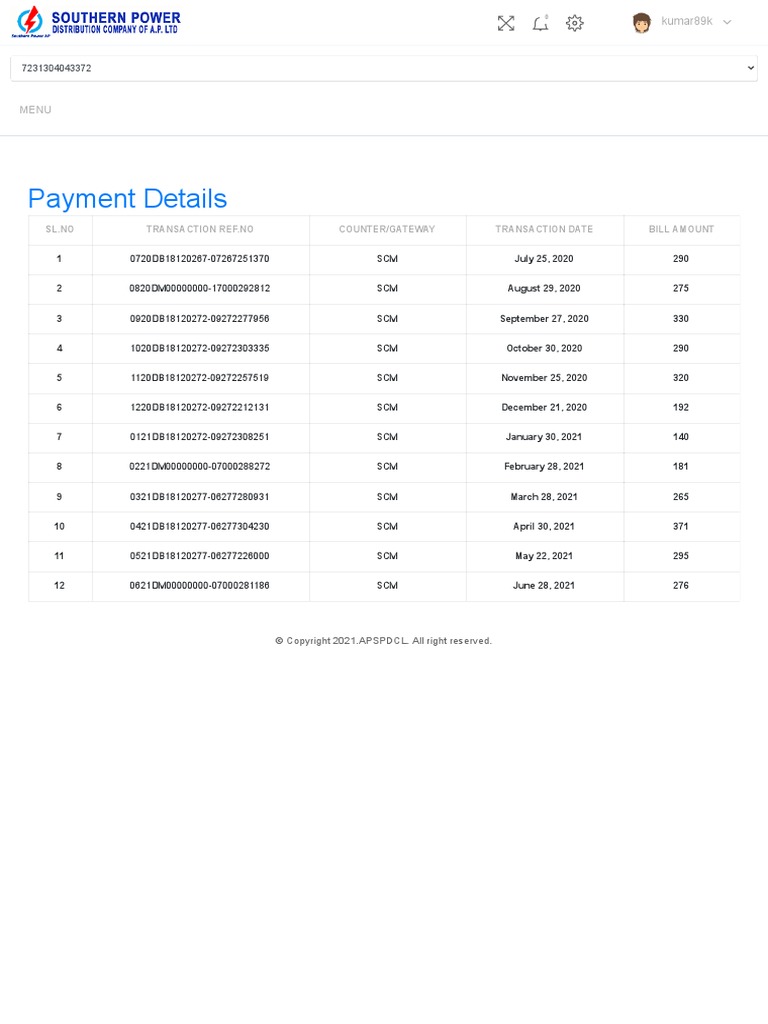 APSPDCL - Payment History | PDF