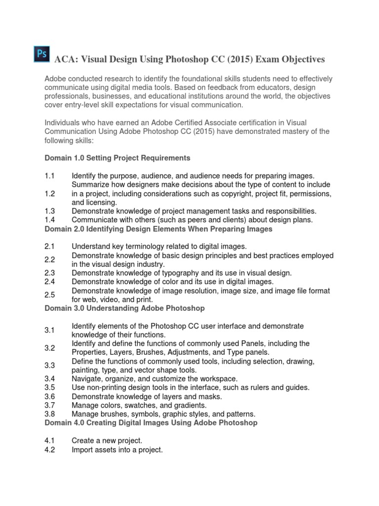 ACA: Visual Design Using Photoshop CC (2015) Exam Objectives | PDF ...