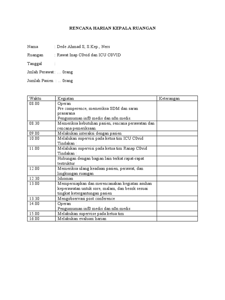 Rencana Harian Dan Bulanan Kepala Ruangan | PDF