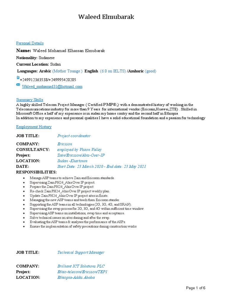 Waleed Mohamad Elhassan Elmubarak CV | PDF | Ericsson | Performance Indicator
