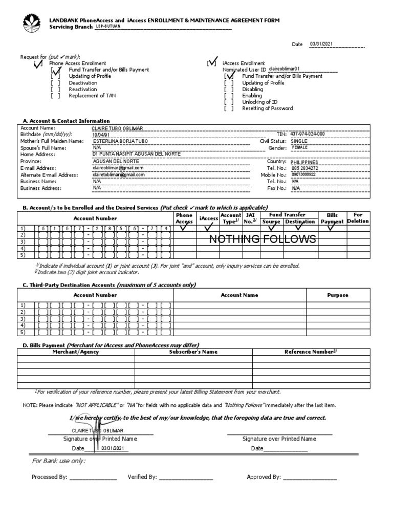 LBP Iaccess Enrollment Form | PDF | Cheque | Banks