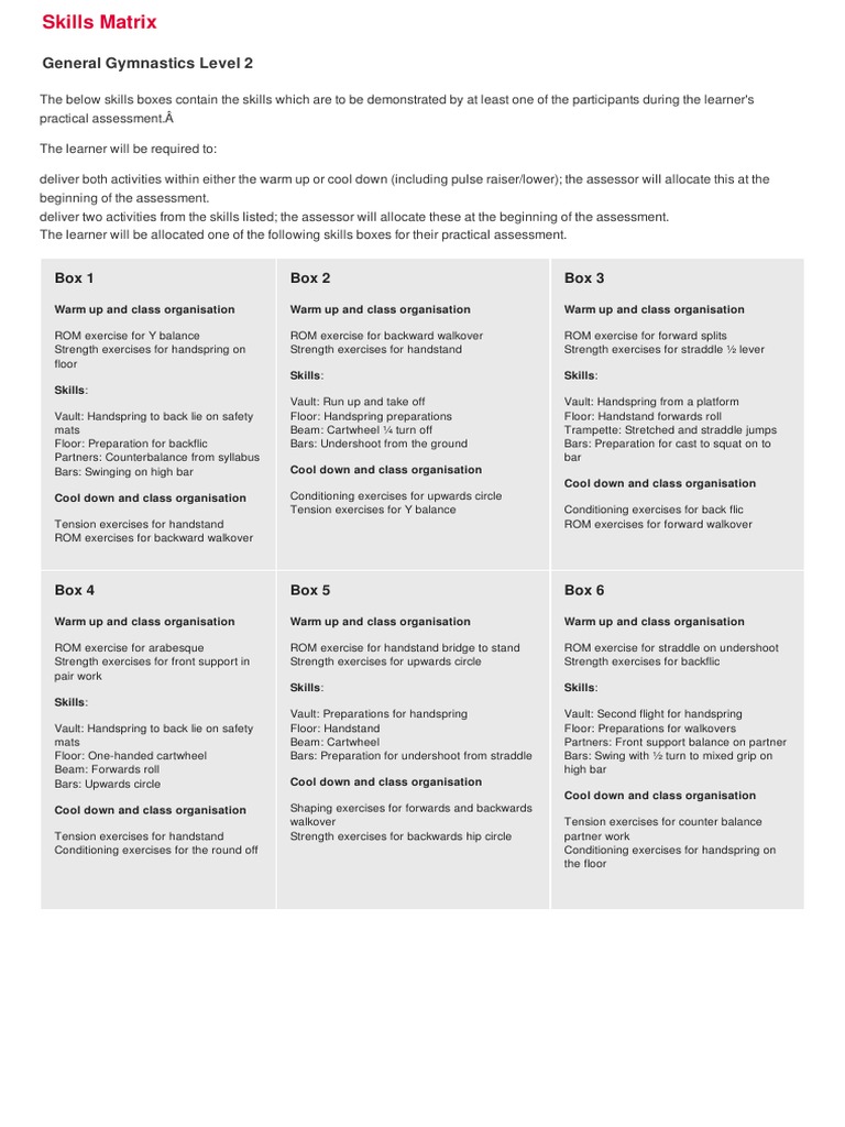 General Gymnastics Level 2 Skills Matrix | PDF | Gymnastics | Indoor Sports