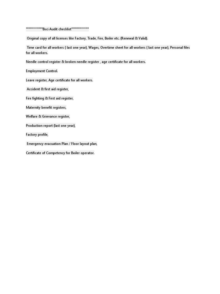 BSCI Audit Checklist Overview | PDF | Technology & Engineering