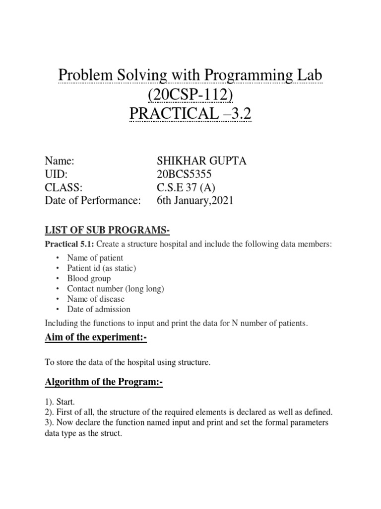 Problem Solving With Programming Lab (20CSP-112) Practical - 3.2 | Download Free PDF ...