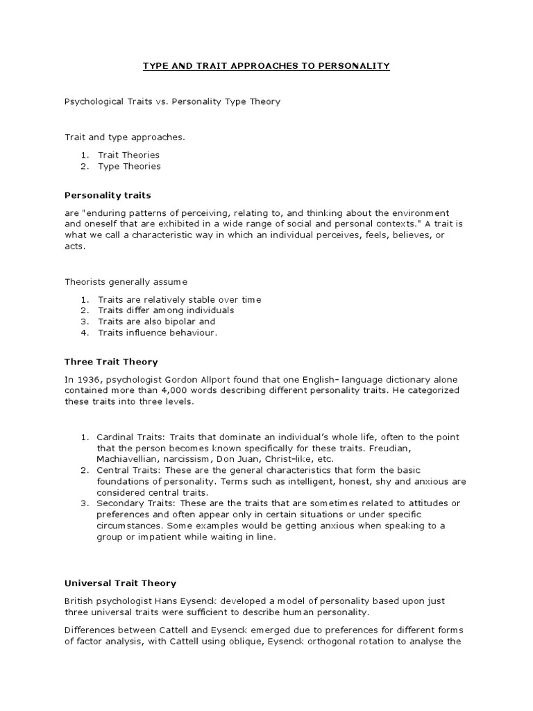 Type and Trait Approaches To Personality | PDF | Extraversion And Introversion | Behavioural ...