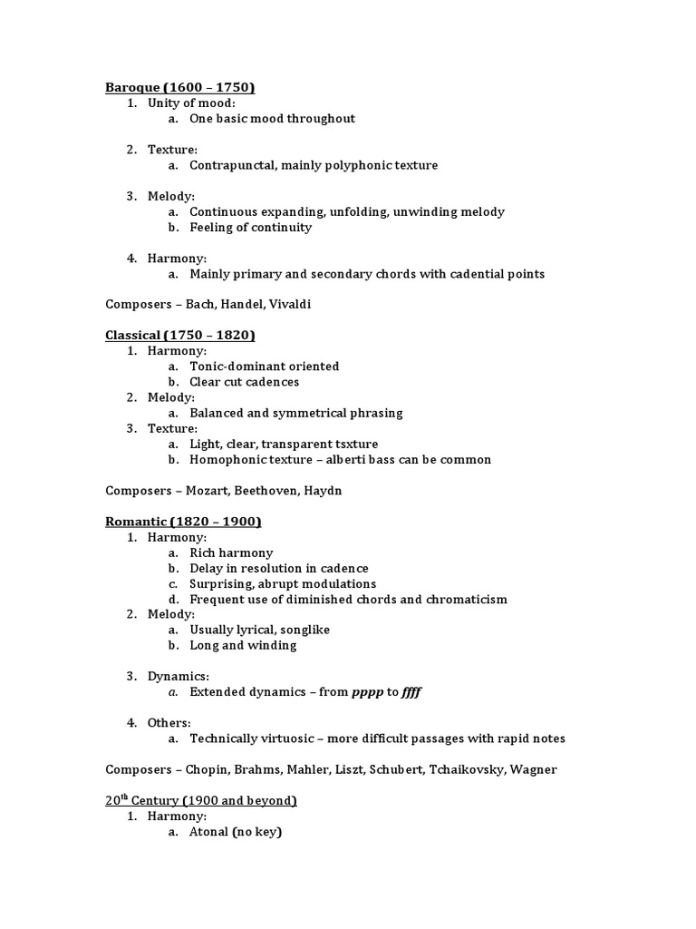 Overview of Music Eras: Baroque to 20th Century | PDF