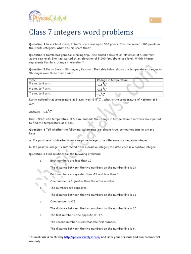 Class 7 Integers Word Problems: C C C C | Download Free PDF | Integer ...