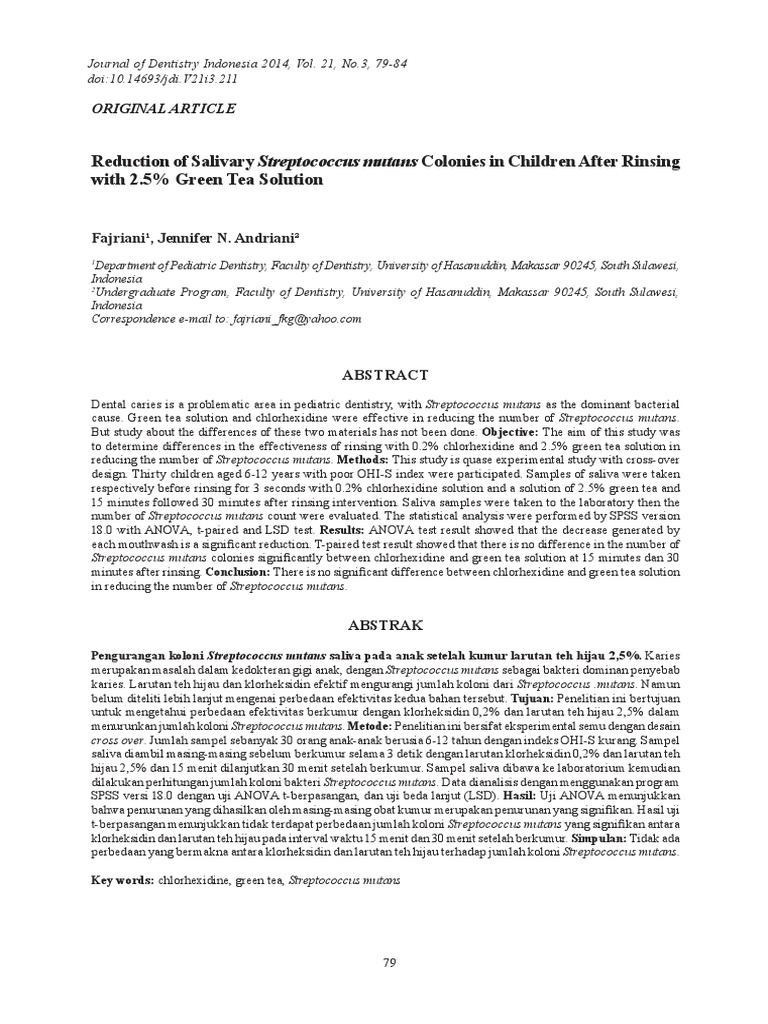 Reduction of Salivary Streptococcus Mutans Colonies in Children After ...
