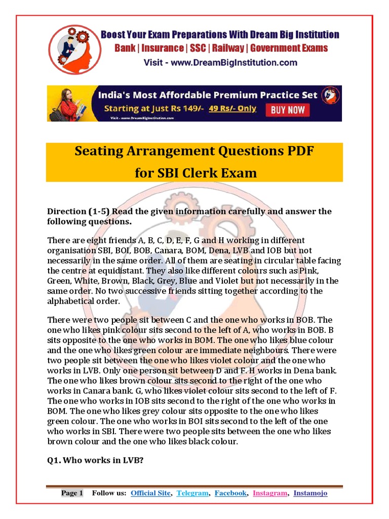 Seating Arrangement Questions PDF For SBI Clerk Exam Compressed | PDF ...