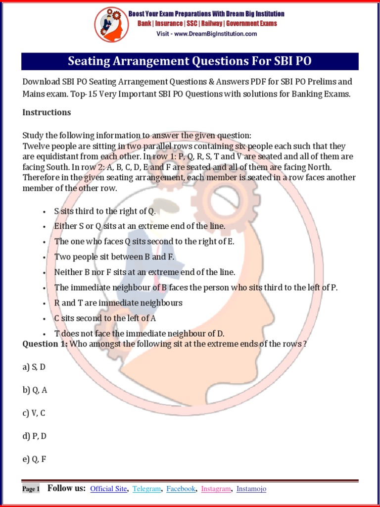 Key Seating Arrangement Questions and Answers for SBI PO Preliminary ...