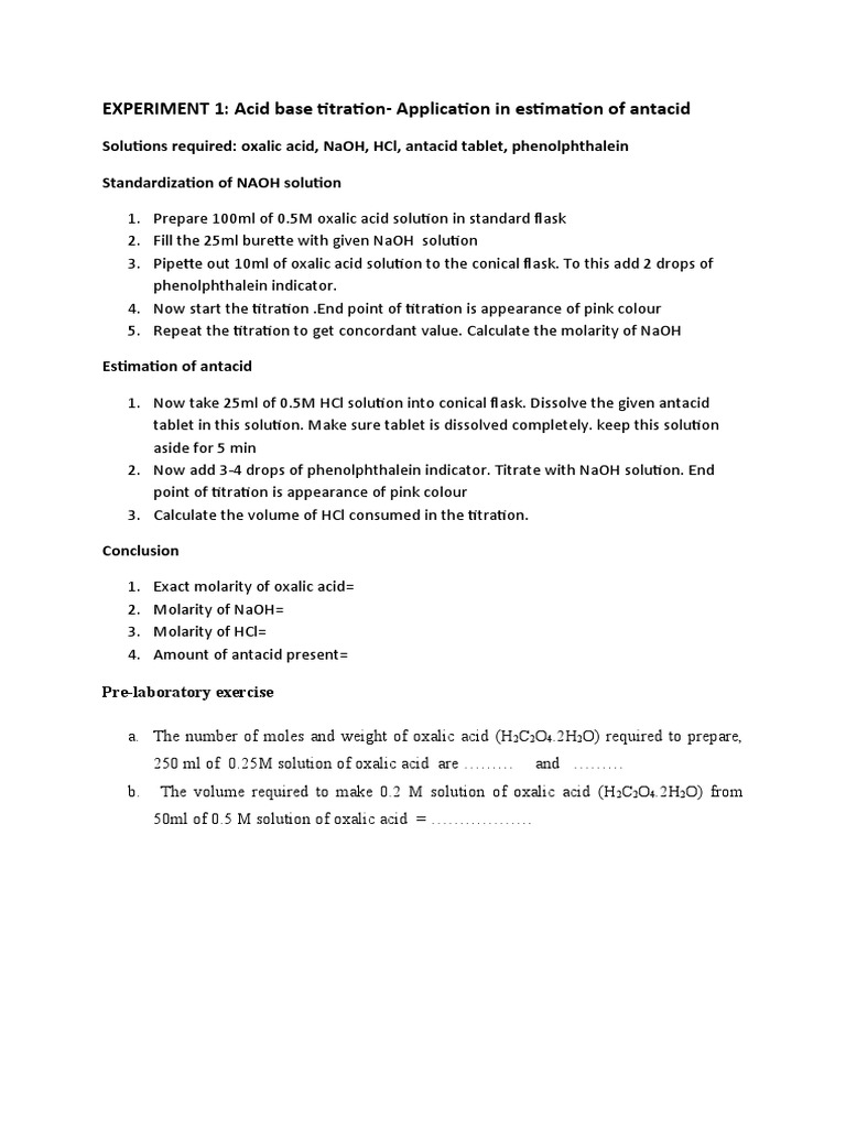 EXPERIMENT 1: Acid Base Titration-Application in Estimation of Antacid ...