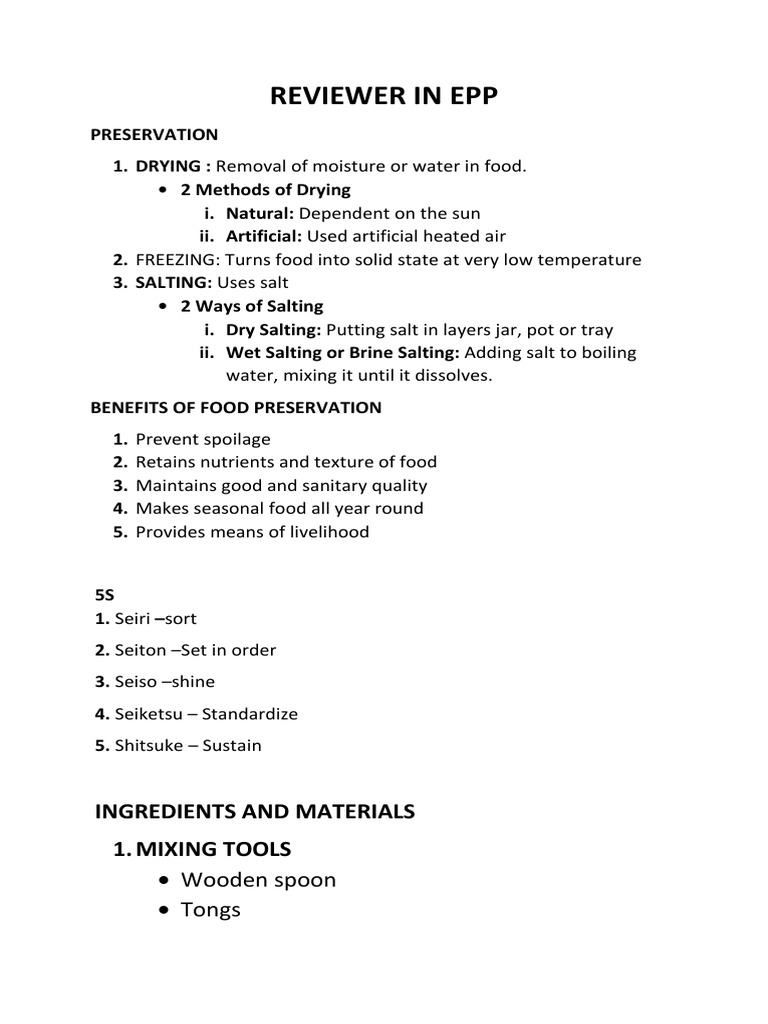 Reviewer in Epp: Ingredients and Materials 1. Mixing Tools | PDF