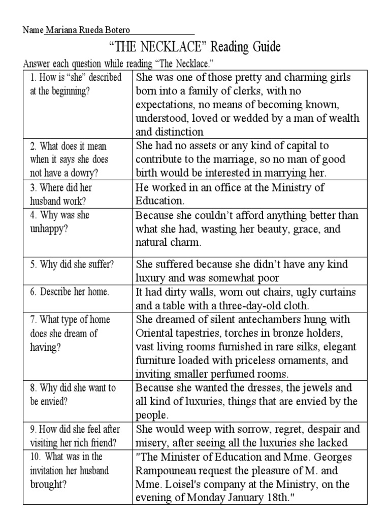 "THE NECKLACE" Reading Guide: Name Mariana Rueda Botero | PDF