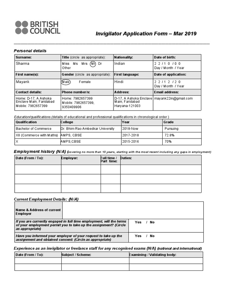 Invigilator Application Form - Mar 2019: Personal Details | PDF ...