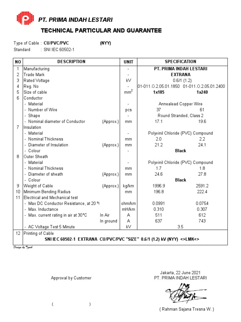 Technical Particular and Guarantee: Pt. Prima Indah Lestari | PDF ...